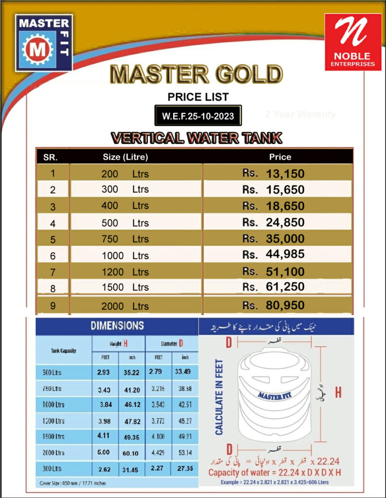 UPDATED Master Gold Water Tank Price List - Jan, 2024