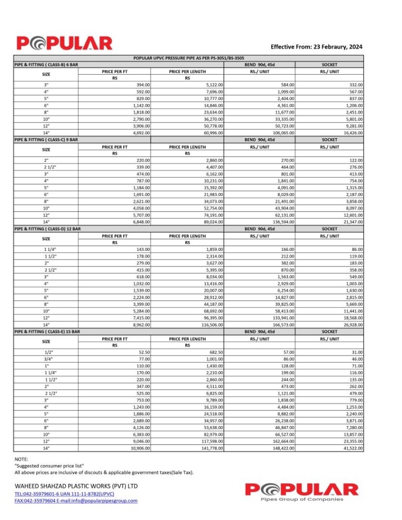 UPDATED Popular Pipes Price List - Feb, 2024-FLAT 35% OFF😍