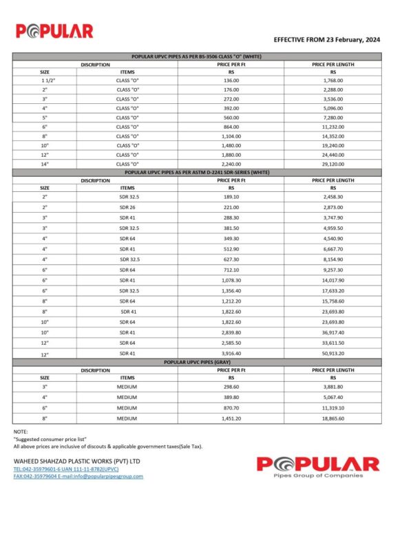 UPDATED Popular Pipes Price List - Feb, 2024-FLAT 35% OFF😍
